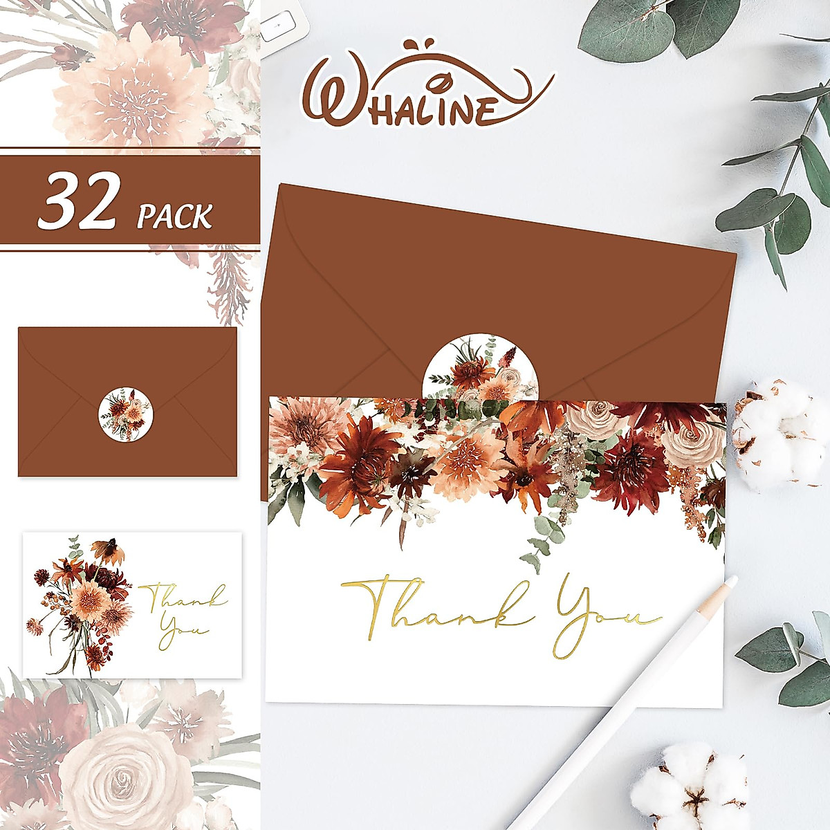 Whaline 32 Packs Fall Floral Gold Foil Thank You Cards Watercolor Flower Greeting Cards Autumn Blank Note Cards with Envelopes and Stickers for Thanksgiving Wedding Birthday Party, 4 x 6 Inch