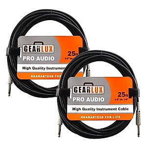 Gearlux Instrument Cable/Professional Guitar Cable 1/4 Inch to 1/4 Inch, Black, 25 Foot - 2 Pack