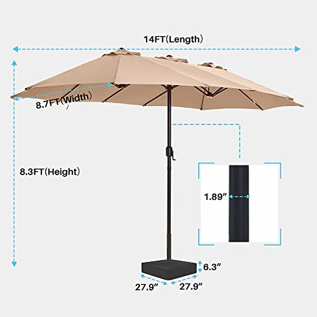 SUPERJARE 14FT Outdoor Patio Umbrella with Base Included, Extra Large Table Umbrella with Fade Resistant Canopy, Double Sided Outdoor Umbrellas for Pool, Deck, Market, Backyard-Beige