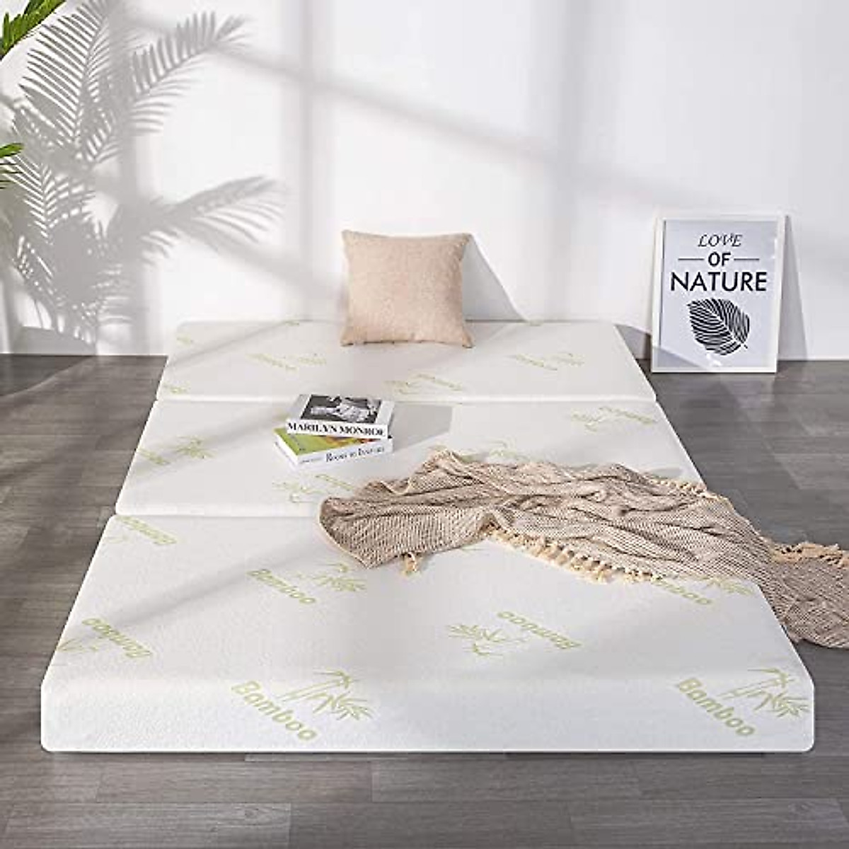 Inofia Folding Mattress, 4 Inch Memory Foam Trifold Mattress with Ultra Soft Bamboo Cover, Non-Slip Bottom & Breathable Mesh Sides - Foldable Guest Mattress, Cot Size (75" x 31" x 4")
