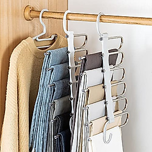 Pants Hangers,Stainless Steel 6 Layers Magic Pants Hanger Rack,White Foldable Pants Rack Hanger Multifunctional Multi Layer Pants Folding Trouser Hanging Rack