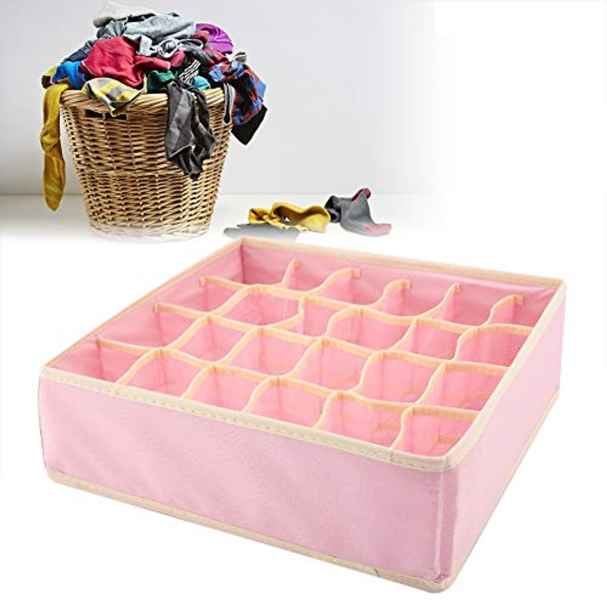 Bunny Kachu Sock Drawer Organizer, Durable Soft Nonwoven Fabric and Paper Board Container Grid Divider Design Storage Box for Household(Pink)