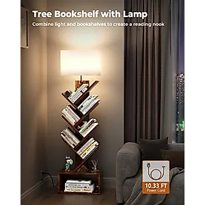 Evermagin 6 Tier Tree Bookshelf with Light, Small Bookcase Tower for Books/CDs/Movies, Tall Floor Standing Book Organizer with Storage Cabinet for Living Room, Bedroom & Home Office, Rustic Brown
