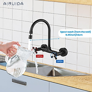 Airuida Wall Mount Kitchen Faucet Matte Black 8 Inch Center Wall Mount Faucet Kitchen with Sprayer Double Cross Handles 360 Degree Swivel Spout Kitchen Mixer Tap Commercial