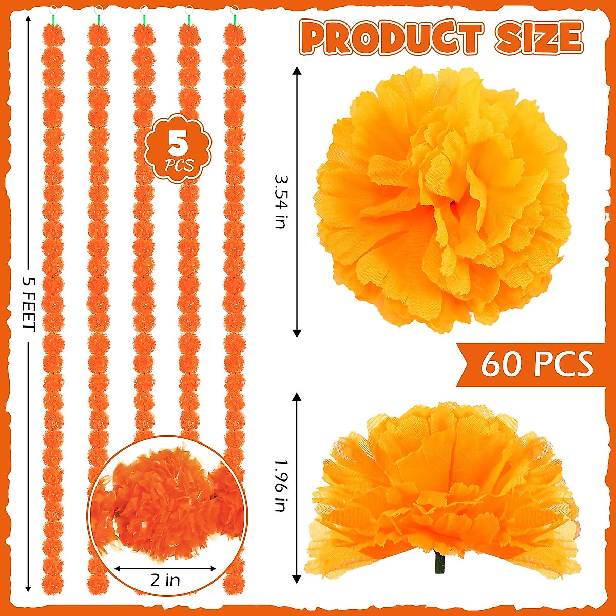 Yunsailing 65 Pcs Day of The Dead Decorations 5 Pcs 5 ft Artificial Marigold Garland 60 Pcs Faux Marigold Flower Heads Plastic Indian Garland Silk Indian Flowers for Decoration Diwali (Orange)