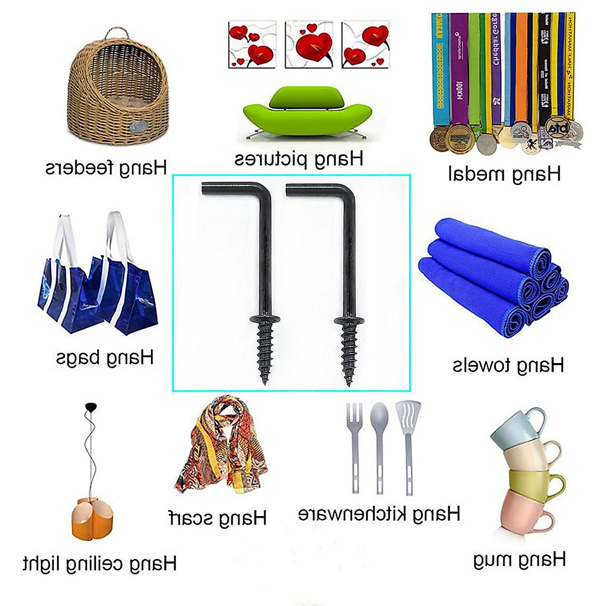 IDEALSV 2 Inch 1 Shape Screw Hooks L Shape Hooks 7 Shape Hooks Black (20 Pack)