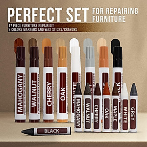 Furniture Markers Touch up, 12 Piece Furniture and Wood Floor Markers and Crayons Repair Kit - 6 Felt Tip Wood Markers, 6 Wax Crayons in Black, Maple, Oak, Cherry, Walnut and Mahogany - By Rampro