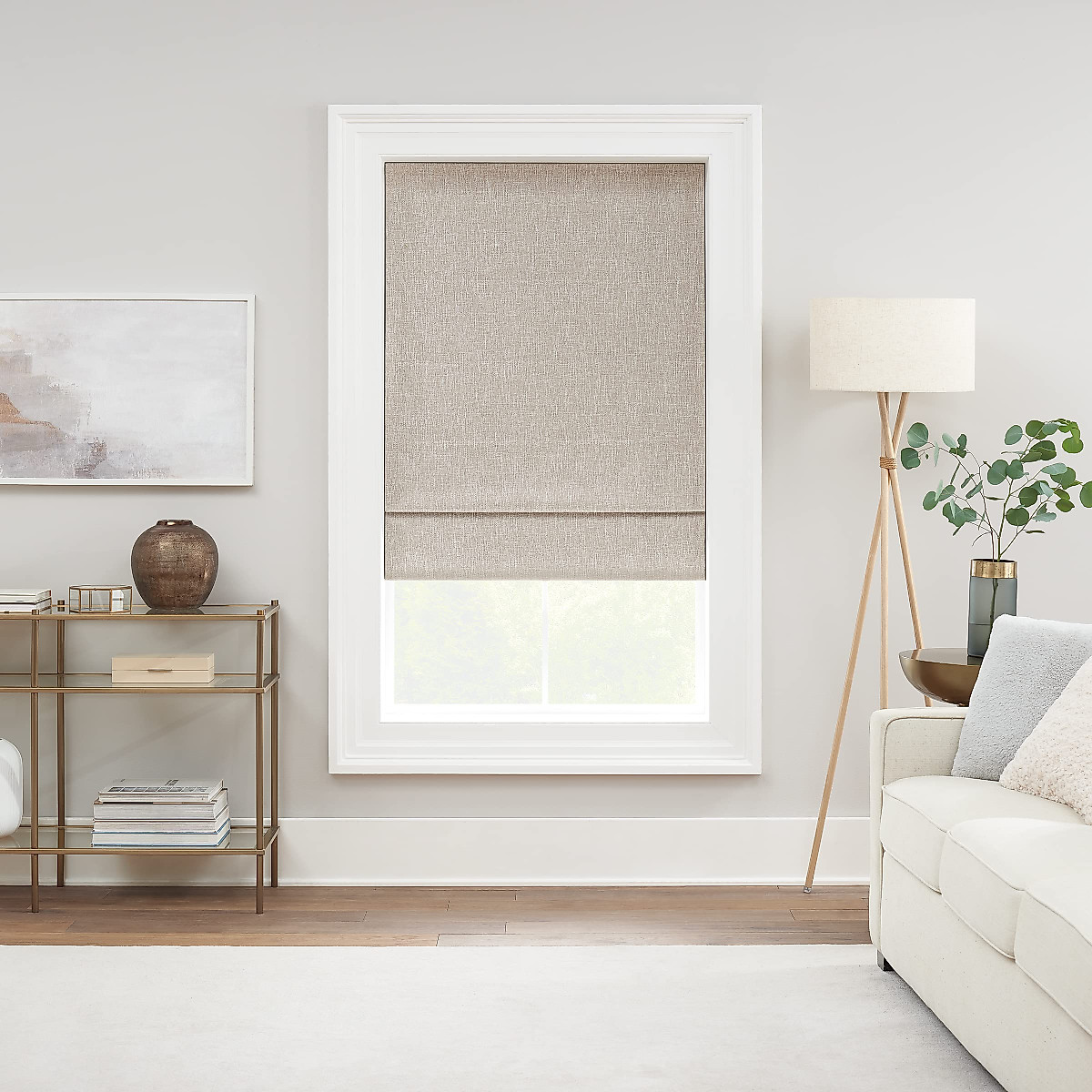 Eclipse Drewton Motorized 100% Blackout Cordless 35 in Wide x 64 in Long Textured Roman Shade in Linen