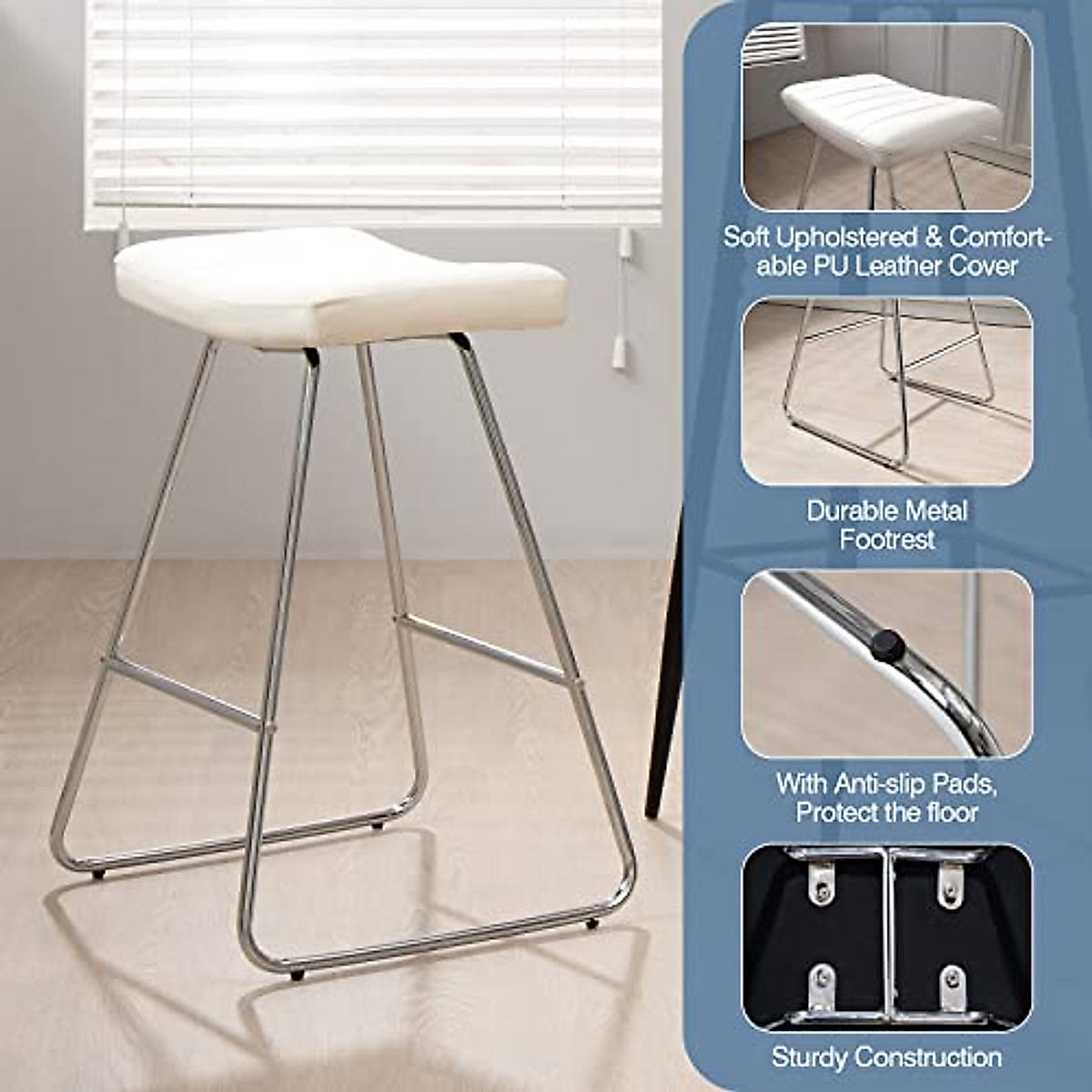 SICOTAS Bar Stools Set of 2 - Counter Height Bar Stools - 24 Inch Saddle Bar Stools - Modern Metal Bar Stools for Kitchen Counter - White Saddle Seat Barstools, Kitchen Island Stools - Chromed Base