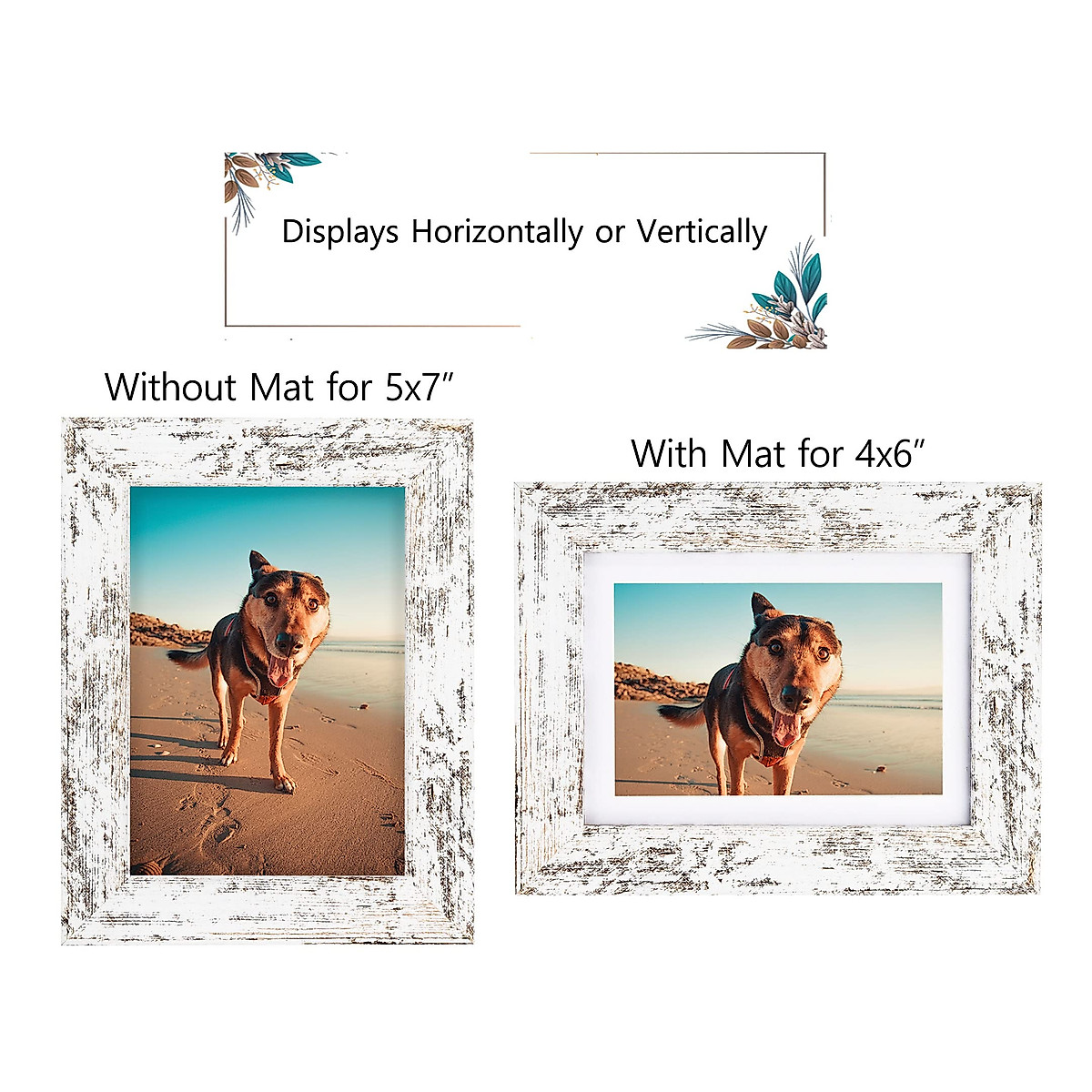 Califortree Rustic White 5x7 Picture Frame - Display Photos 4x6 with Mat or 5x7 Without Mat - Real Glass Frames for Wall and Tabletop - Set of 2