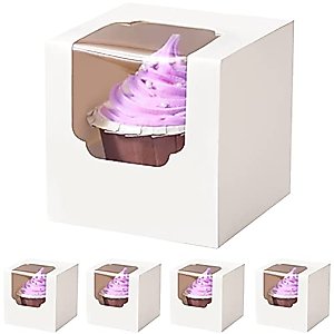 Shallive 100 Pcs Individual Cupcake Box White with Insert, 3.5" Treat Boxes with Window Bulk for Hot Cocoa Bombs and Cookies, Pre-Assembled for Easter Wedding Birthday Baby Shower Party