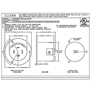 Cllena NEMA L14-30 Flanged Inlet Generator Plug, 30A 125/250 Volt 4 Prong Locking Receptacle Socket, Grounding Welding Use 7500 Watts