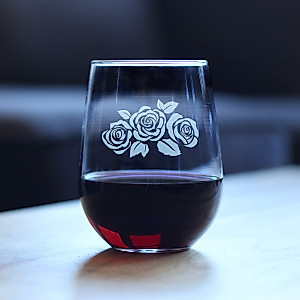 Roses Stemless Wine Glass - Floral Themed Decor and Gifts for Flower Lovers - Large 17 Oz Glasses