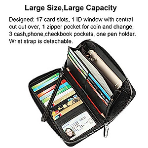 Lavemi Women's RFID Blocking 100% Leather Large Capacity Zip Around Wallet Phone Holder Clutch Travel Purse Wristlet(Large Size Pebble Black)