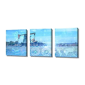 TUMOVO Wall Decorations for Living Room Development of Oil Production in the World Home Decor 3 Panel World Oil Wall Art Oil Field Wall Paintings Framed Ready to Hang (12x16 inch x3)