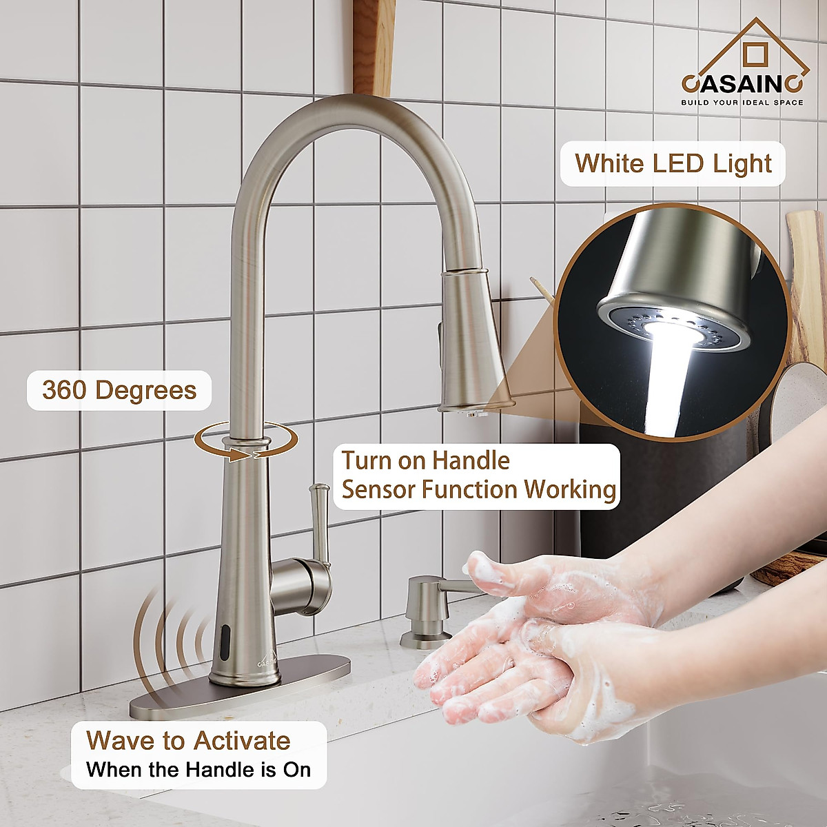 CASAINC Kitchen Faucet with Pull Down Sprayer Brushed Nickel with LED Function, 17.31in H Touchless 1.8 gpm Single Handle Kitchen Sink Faucet, Lead-Free Copper for Bar Laundry Kitchen Sink