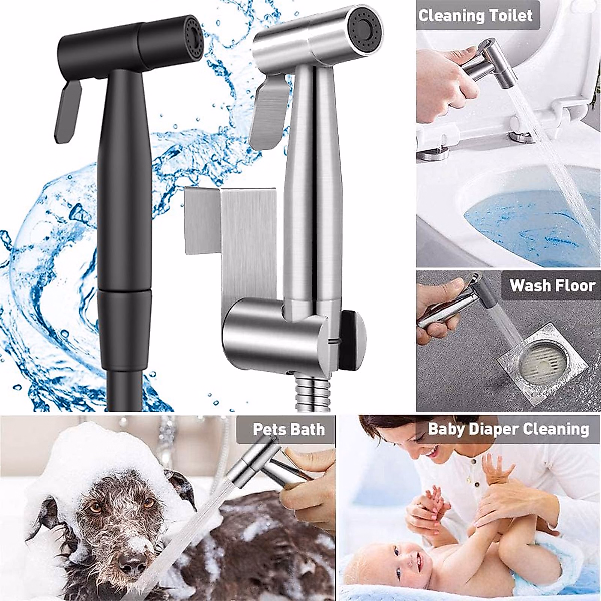 Handheld Bidet Sprayer for Toilet, Stainless Steel Leak Free T-Valve & Adjustable Jet Spray, Feminine Hygiene, Shower Sprayer for Pet, Wall or Toilet Mount Superior Complete Accessories (Black)
