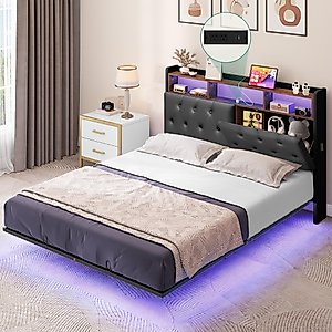 YITAHOME Full Floating Bed Frame with LED Lights, Platform Bed Frame with USB and Type C Ports Button Tufted Headboard, Upholstered Platform Bed with Bag, No Box Spring Needed, Noise Free, Black