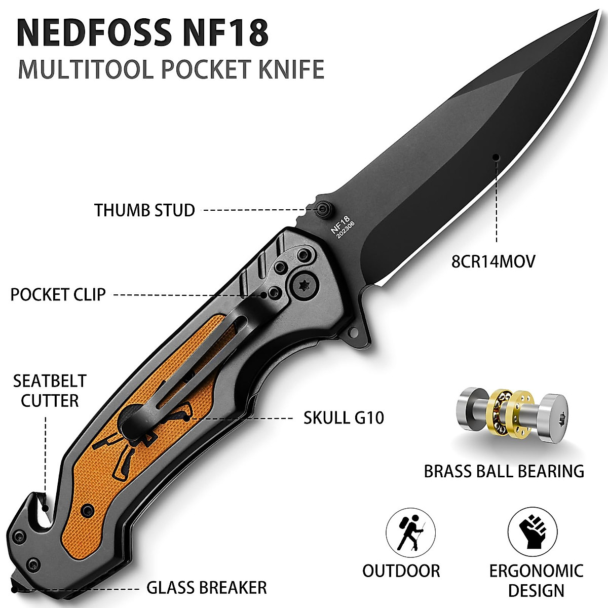 NedFoss Knifes Pocket Knives for Men, Folding Pocket Knife with Glass Breaker, Seatbelt Cutter, G10 Handle, Thumb Stud for Emergency Rescue, Household, Workshop (FA18)