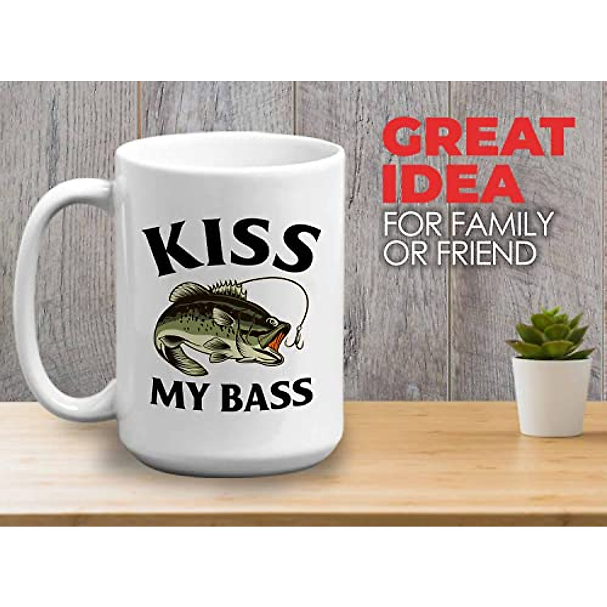 Fishing Coffee Mug 15oz White - Fisher, Retirement Dad - Fishing, Fish Lover, Hook, Bait, Reel, Rod, Spooling, Outdoor Hobby (Kiss Bass)