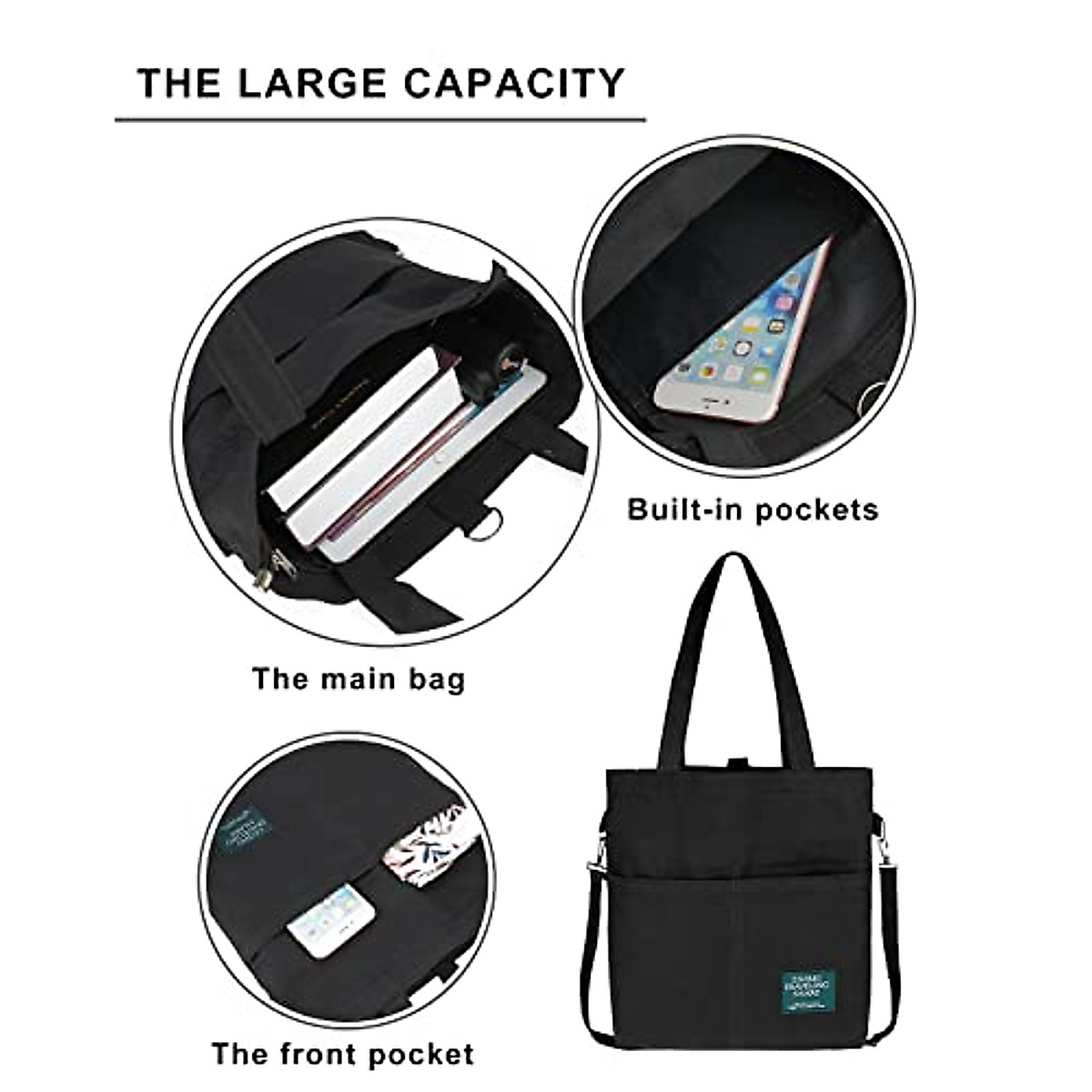 WULIQIUQIU Women's Hobo Bag Canvas Shoulder Bag with Zipper Casual Crossbody Large Capacity Handbag Tote Travel Bag Black