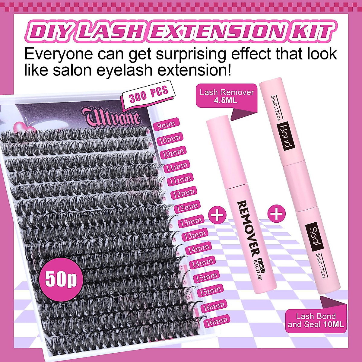 Lash Extension Kit 300PCS Lash Clusters Kit 50D Individual Lashes 9-16MM Cluster Eyelash Extensions Kit D Curl Eyelash Extension Kit with Bond and Seal and Lash Remover by wtvane (Kit-50D-9-16MIX)
