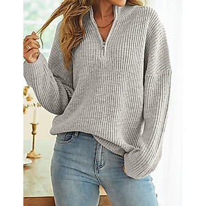 MEROKEETY Women's 2024 Long Sleeve Chunky Knit Sweaters 1/4 Zip Polo V Neck Casual Pullover Tops,Grey,S