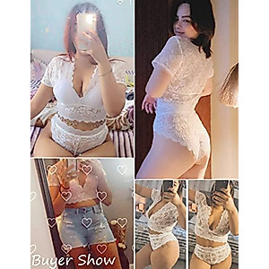 Avidlove Wedding Lingerie for Bride Plus Floral Lace Scallop Trim Lingerie Set Deep V Allover Lace Bra Panties Set Sexy Clubwear (18 Plus, White)