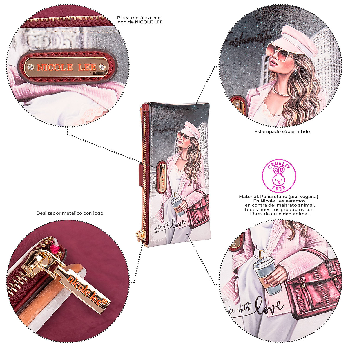 Nicole Lee Amanda Bifold 2 Pieces RFID Zipper Wallet, Removable Cardholder Wallet, ID Windows, Multi Organization (Sara is Soft but Strong)