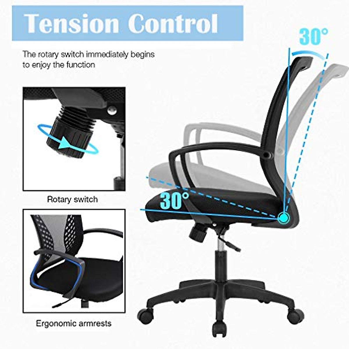 Home Office Chair Ergonomic Computer Desk Chair Mesh Task Chair with Lumbar Support Swivel Rolling Office Chairs Adjustable Mid Back Mesh Chair for Adults, Black