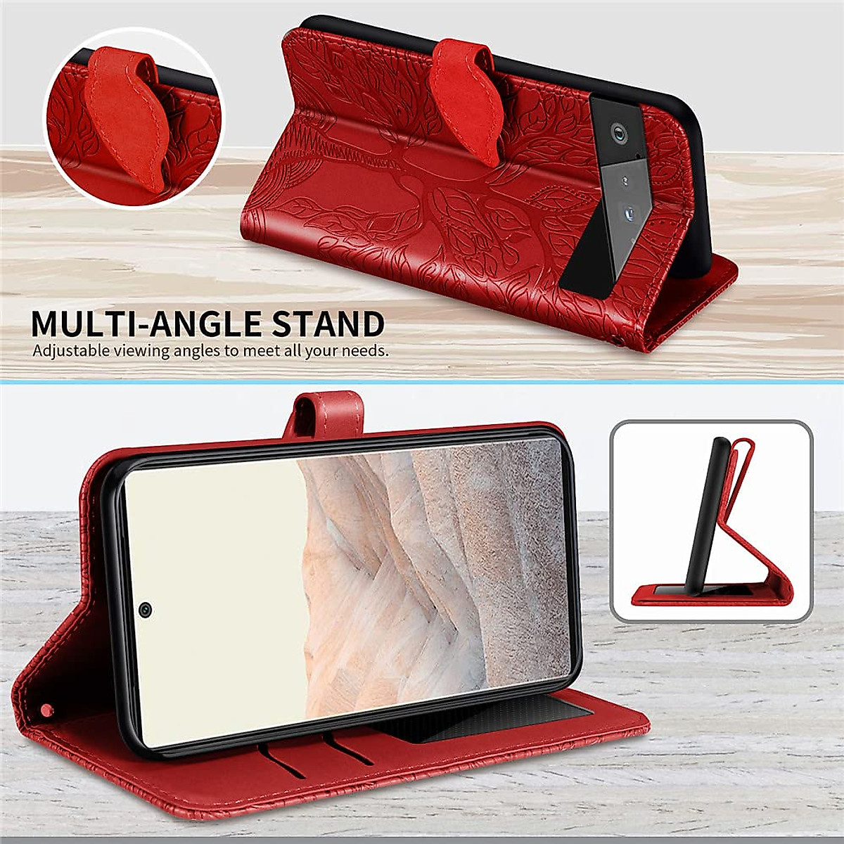 MEUPZZK for Google Pixel 6 Case, Wallet Case for Pixel 6 5G, Embossed Tree Premium PU Leather [Kickstand] [Card Slots] [Wrist Strap] [Folio Flip] [6.4 inch] Phone Cover for Pixel 6 (R-Red)