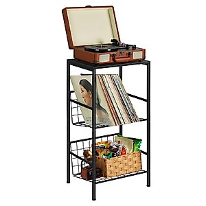 Record Player Table with Storage 3 Tier Industrial Record Player Stand Small Vinyl Storage Holder Hold up to 90 Albums for Living Room Bedroom Office, Black