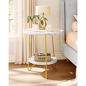 LITTLE TREE 2 Tier Faux Marble End Table Round Side Table with Shelves Small Coffee Accent Table for Living Room, White and Gold