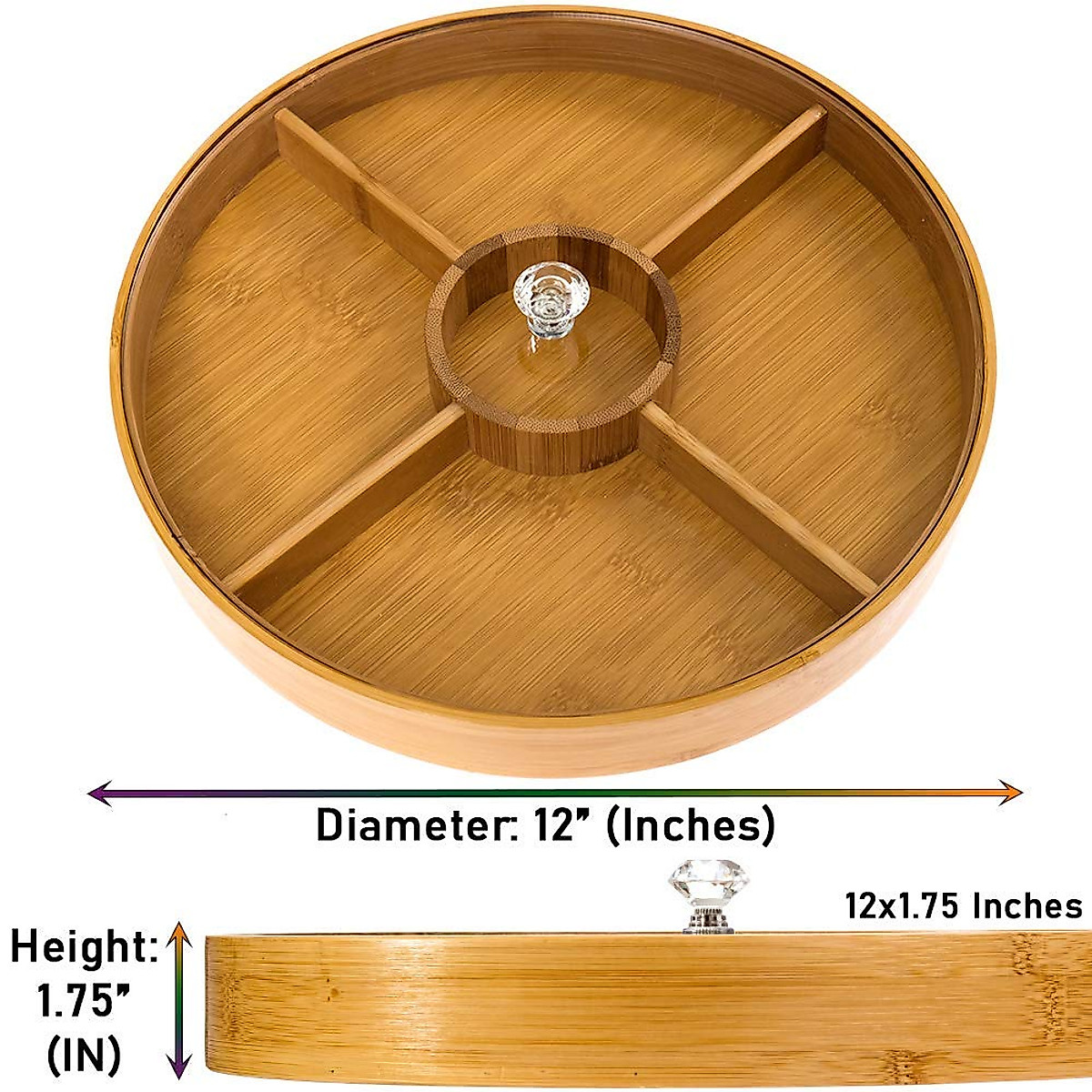 Divided Serving Tray - Bamboo with Acrylic Glass Lid - Appetizer Party Platter - Perfect for Serving Dishes, Serving Platters, Chip and Dip Tray, Veggie Tray, Or Taco Toppings Serving Tray Circle 12"