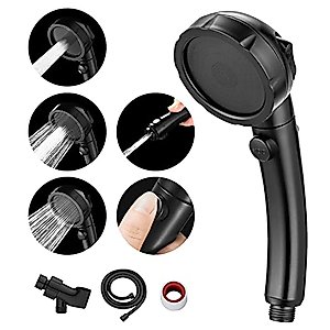 MIAOHUI Modern Handheld Shower Head with On/Off Switch, 3 Spray Settings, Removable Shower Head with Hose, Angle Adjustable Shower Bracket, Teflon Tape, Black