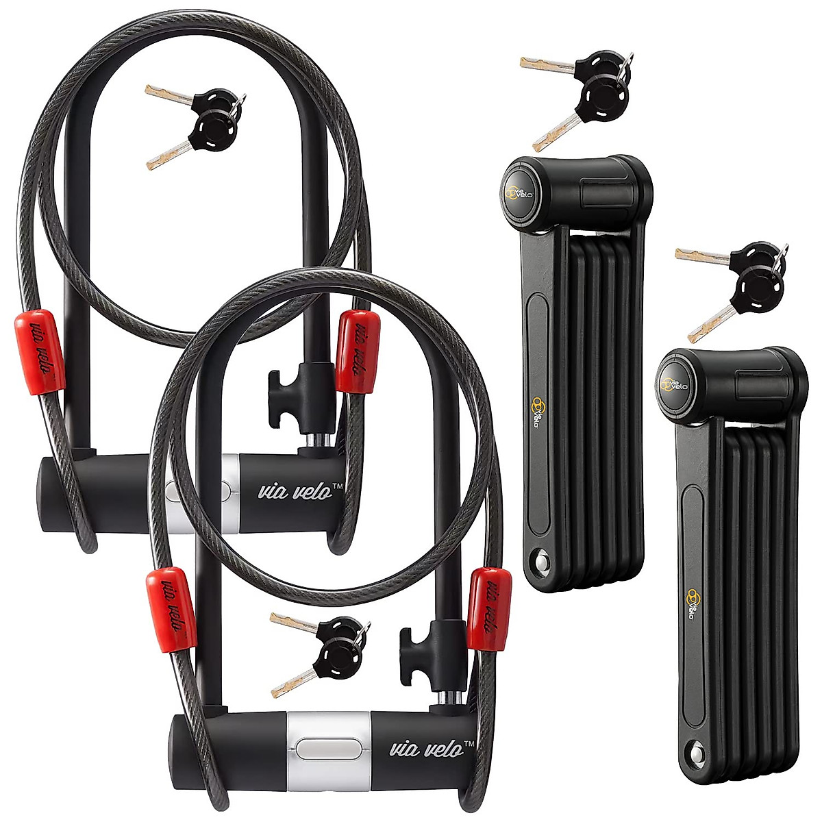 Via Velo 4-in-1 Bike Lock Set, Heavy-Duty Steel Folding Lock, 11" Bicycle U-Lock, 6' Cable, for Electric Bikes and Scooters