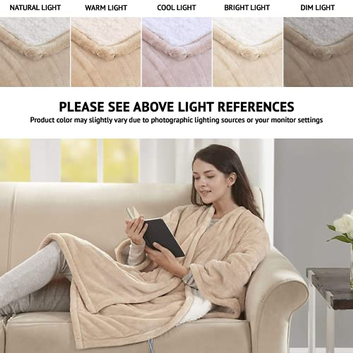 Beautyrest Reversible Sherpa to Fleece Electric Wrap Poncho Blanket Shawl Wearable, Auto Shut Off, Virtually Zero EMF, Multi Heat Setting, UL Certified, Machine Washable, Tan 50" x 64"