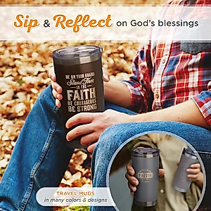 Christian Art Gifts Stainless Steel Double Wall Vacuum Insulated Tumbler 18 oz Brown Travel Mug with Retractable Lid for Women & Men Inspirational Bible Verse - Stand Firm -1 Corinthians 16:13