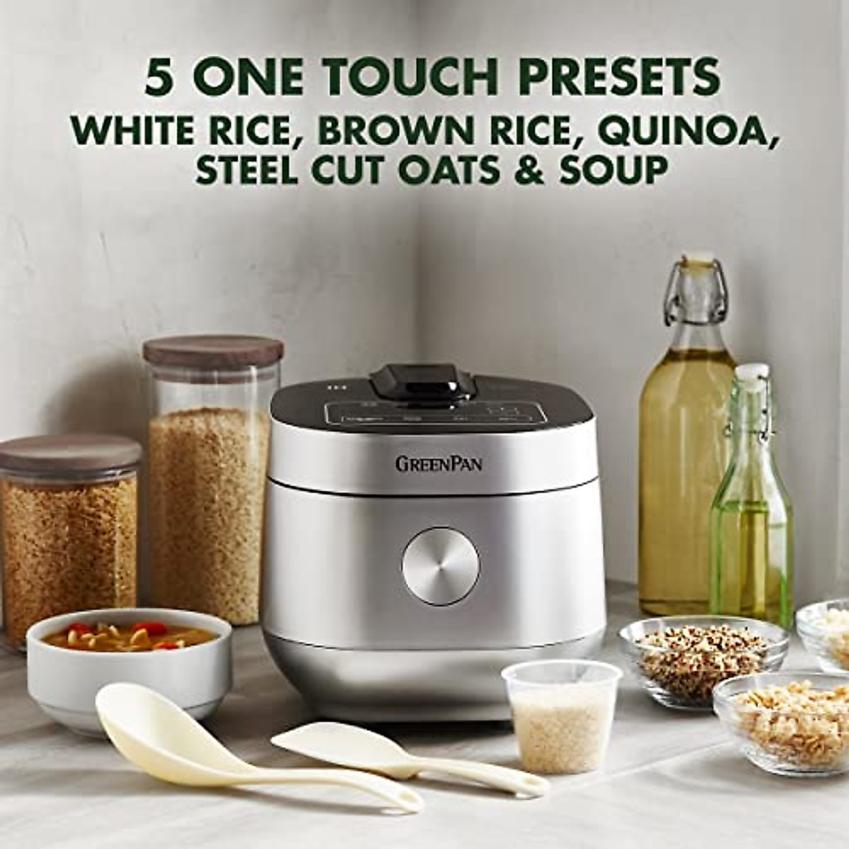 GreenPan Stainless Steel Healthy Ceramic Nonstick 8-Cup Rice Oats Grains & Soup Cooker, Induction Heating for Consistent Results, Dishwasher Safe Pot, Includes Spatula Ladle & Measuring Cup