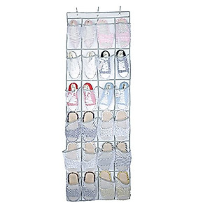 24 Grid Large Pockets Mesh Storage Bag Behind The Door, Over The Door Hanging Shoe Organizer , Free iInstallation, Carrying Stainless Steel Hooks(White)