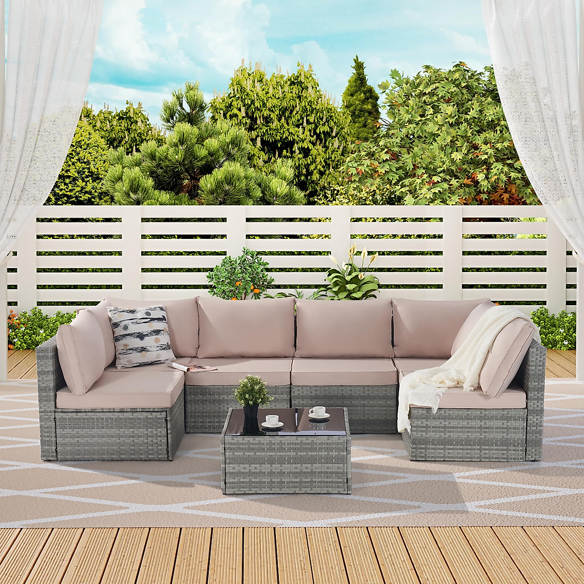 Voykuy 7-Piece Patio Sofa and Table Set - Hand Woven Rattan Outdoor Sofa Set Patio Conversation Set with Table & Cushions Porch Furniture for Garden, Poolside, Backyard, Patio, Backyard, Porch (Pink)