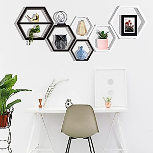 WEC Hexagon Shelves – Set of 3 Honeycomb Wall Shelves with Extra Removable Shelf – Floating Wood Shelves – Geometric Shelves for Bedroom, Kitchen, Office (White)