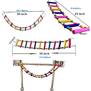 Bird Ladder Bridge, Parrot Toys Rainbow Swing Bridge Hammock Natural Raw Wood, Macaws Parakeets Lovebirds Chameleon Hamster for Training (32 Inch)