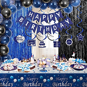 Blue and Black Birthday Decorations for Men Women Boys Girls,Happy Birthday Party Decorations with Happy Birthday Banner, Tablecloth and Fringe Curtains, Party Supplies for Bday Party Decor