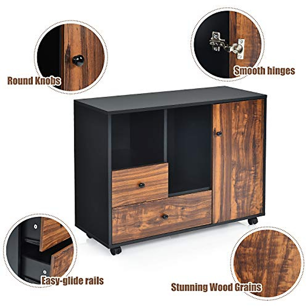 Giantex Mobile Filing Cabinet 2 Drawers, Large Storage Cabinet, Printer Stand on Wheels, Wood Lateral Industrial File Organizer with Open Shelves for Home and Office Use(Black+Brown, 4 Wheels)