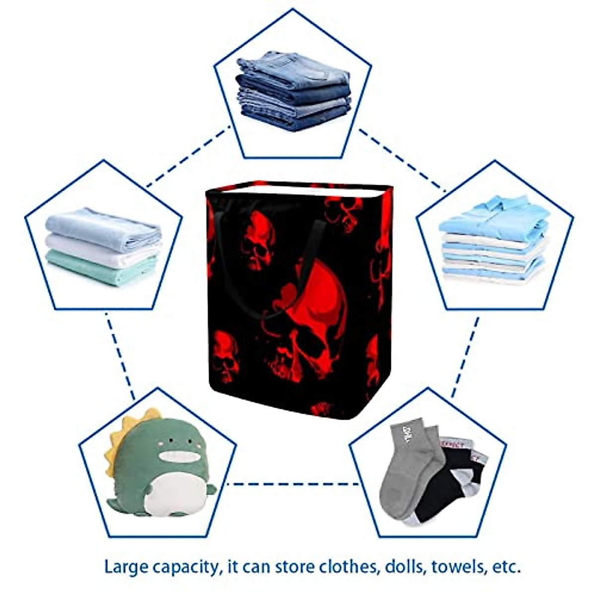 Haloween Scary Skull Print Collapsible Laundry Hamper, 60L Waterproof Laundry Baskets Washing Bin Clothes Toys Storage for Dorm Bathroom Bedroom