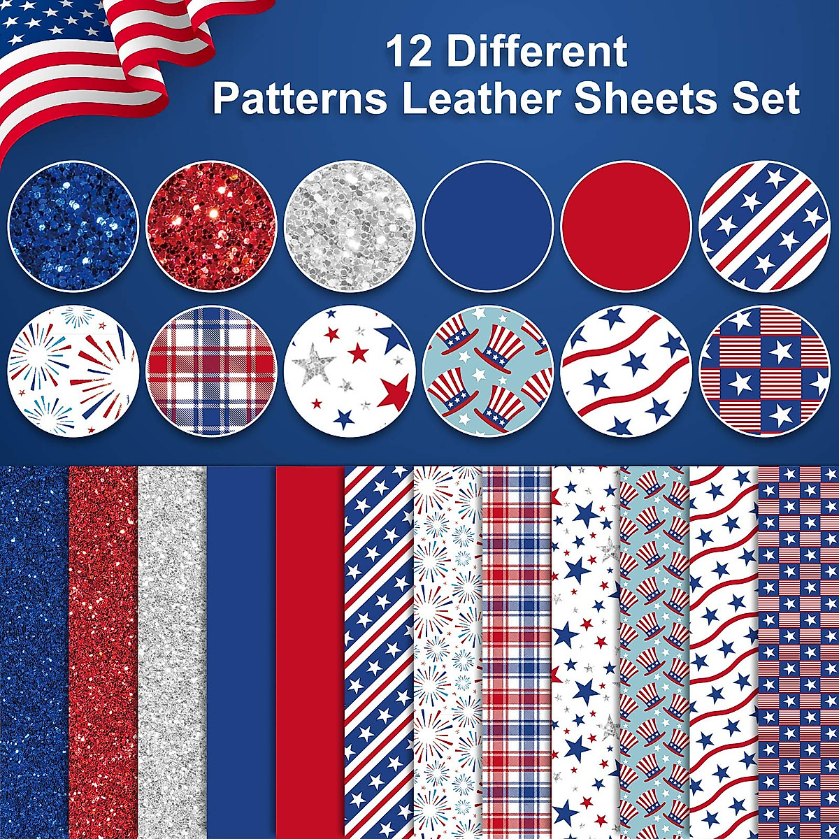 Whaline 4th of July Faux Leather Sheets 8 x 12 Inch Patriotic Synthetic Leather Fabric Glitter Red Blue Stars Stripes National Flag Faux Leather for Independence Day DIY Craft Earring Hair Bow, 12Pcs