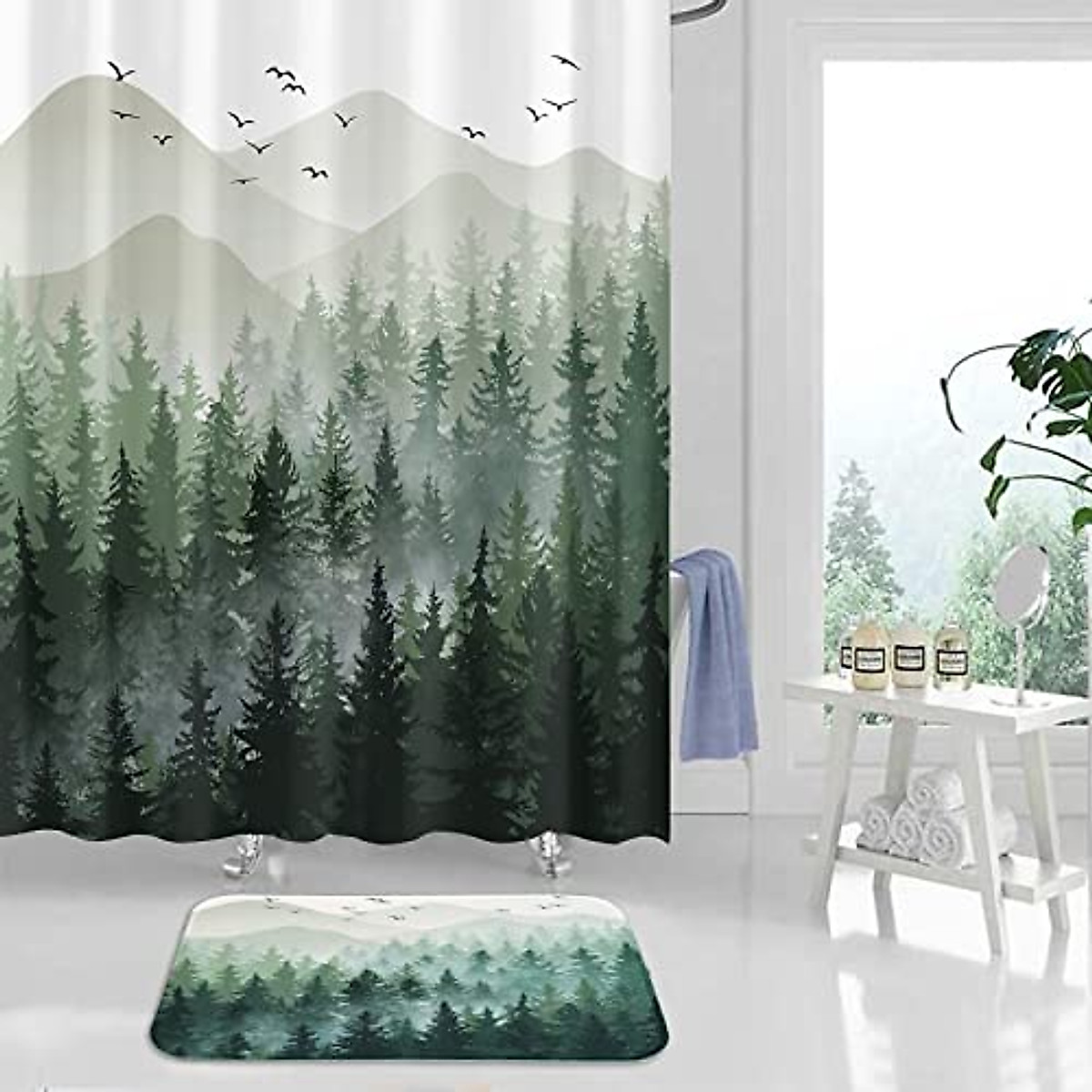 Accnicc Green and White Misty Forest Shower Curtain Bundle with Green Misty Forest Small Bathroom Rugs Mat Non-Slip Bath Rugs