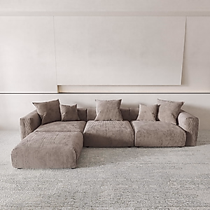 Sdorens 141.73" Modular Sectional Sofa, L Shaped Sofa Couch with Ottoman, Corduroy Fabric Brown Sofa Couch with 5 Pillows, Oversized Sofa Set for Living Room