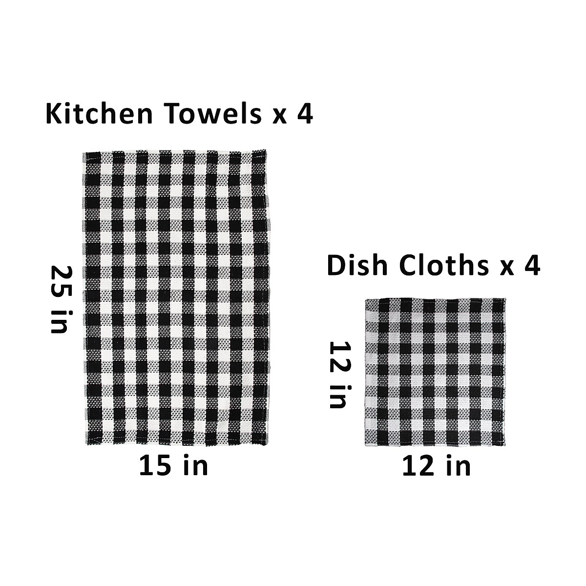 fillURbasket Buffalo Plaid Black Kitchen Towels and Dishcloths Set Check Dish Towels with Dishcloths for Washing Drying Dishes 100% Cotton 15”x 25” 8 Piece Kitchen Set
